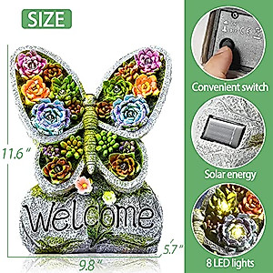 KULEDM Solar Garden Sculptures & Statues -Succulent Butterfly Resin Craft Garden Statue Outdoor Decor with Solar Powered 8 LED Lights for Garden, Patio, Lawn, Yard, Balcony, Porch’
