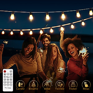 Famiatm 49 FT Outdoor String Lights, Shatterproof Remote Patio Lights with 7 Dimmable Warm Yellow LED Bulbs, IP65 Waterproof Outdoor LED Lights for Backyard Porch Cafe Party Wedding Garden