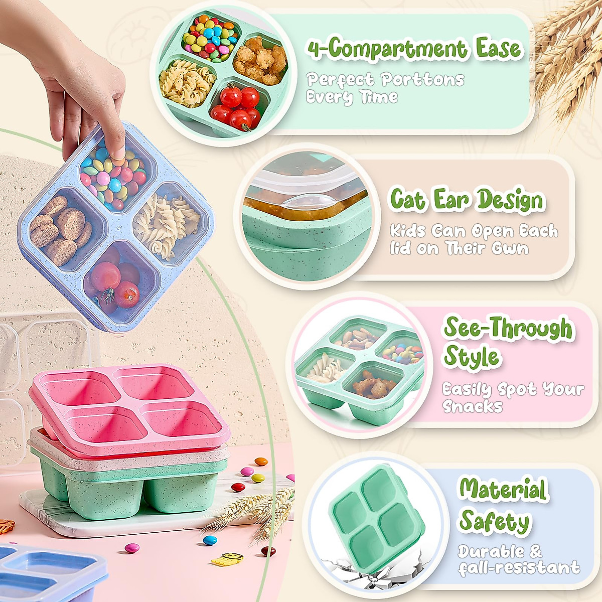 Bento Snack Boxes 4 Pack, Reusable Bento Boxes Kids Adults with 4 Compartments & Fork, Lunch Snack Containers, Wheat Straw Meal Prep Lunch Box, Divided Food Storage Containers for School Work Travel