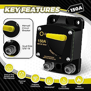 BULVACK 150 Amp High Amp Marine Rated Circuit Breaker for Boat Trolling Motor with Manual Reset Switch, Water Proof, 12V- 48V DC