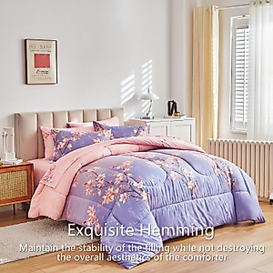 AIKASY Pink and Light Purple Queen Comforter Set with Sheets,Bed in a Bag 7-Pieces,Branches and Flowers Printing Design,Ultra Soft Down Alternative All Season Bedding Set(Queen,Blossom Stem)