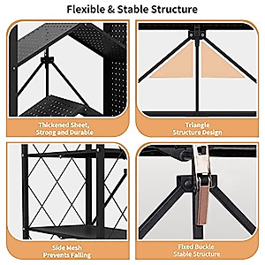 WHIFEA 4 Tier Foldable No Assembly Storage Shelves with Wheels 28.3’’*15’’*49.6’’ Free Standing Metal Wire Rack Heavy Duty Pantry Collapsible Organizer for Kitchen Bedroom Bathroom Office Black