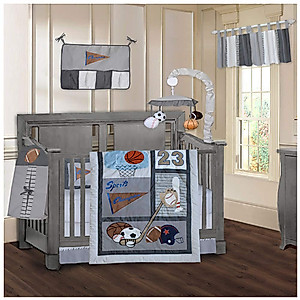 BabyFad Sports Champion Grey Nursery Basketball/Baseball/Football/Hockey/Soccer with Musical Mobile 9 Piece Baby Crib Bedding Set 100% Cotton