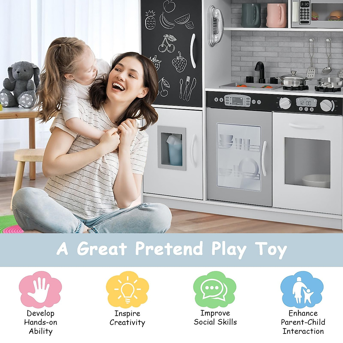 MAT EXPERT Kids Kitchen Playset, Wooden Chef Pretend Toy Kitchen w/Chalkboard, Ice Maker, Cookware Accessories, Telephone, Oven, Microwave, Play Kitchen for Toddlers, Gift for Boys Girls 3+ (White)