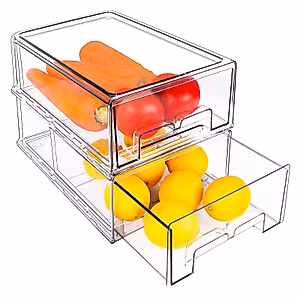 2 Pcs Refrigerator Organizer Bins Pull-Out Drawers, Clear Fridge Drawers, Stackable Fridge Organizer Drawers, Food Storage Containers for Fruit & Vegetables, for Kitchen, Freezers, Storage Rooms
