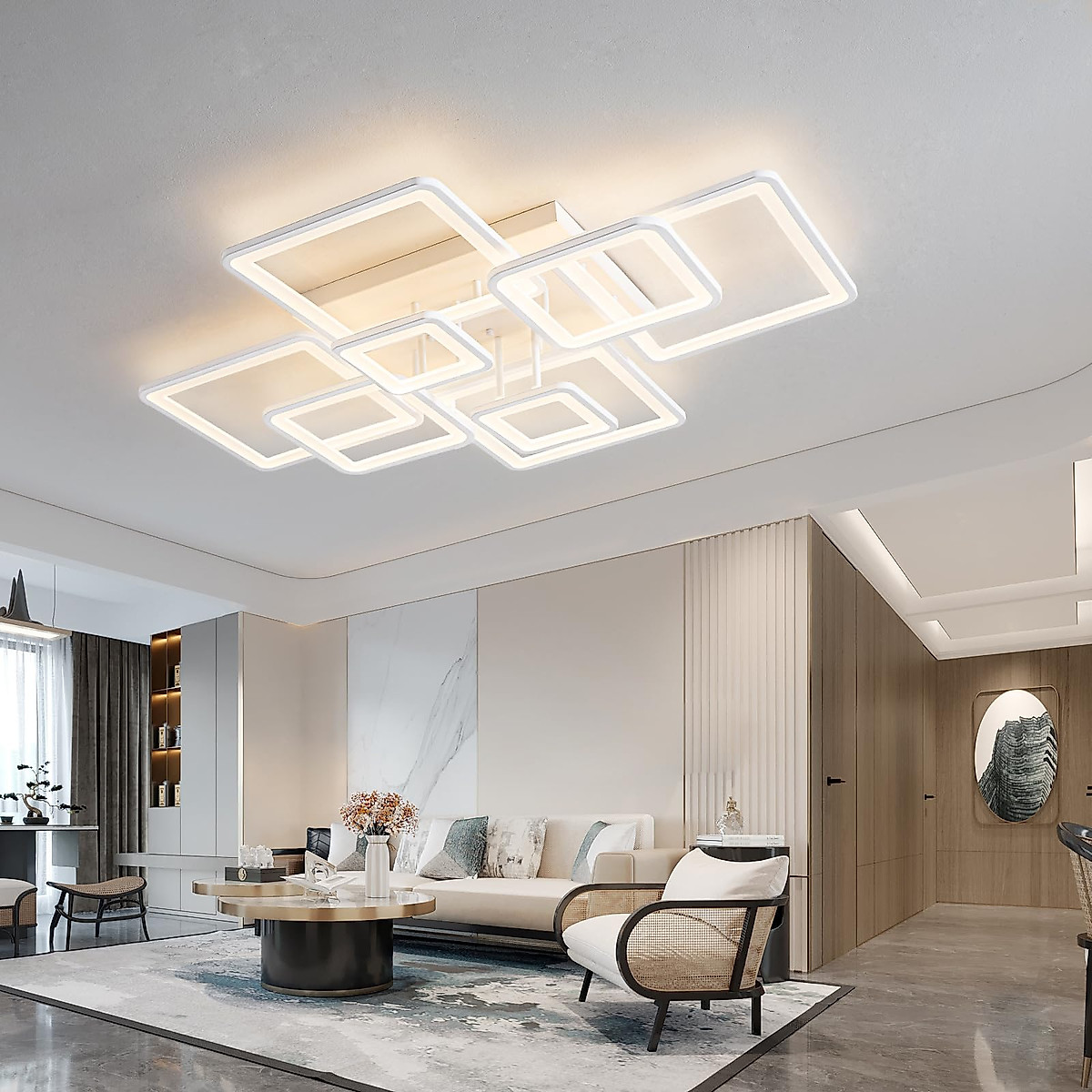 Shine LUEST Modern Dimmable LED Ceiling Lights, White Flush Mount Light Fixtures with Remote Control, Large Square 8-Ring Lamps for Living Room, Bedroom, 100W