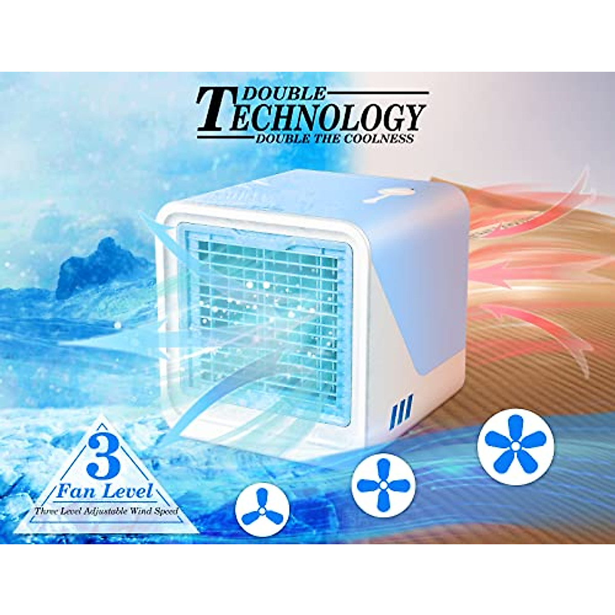 Portable Air Conditioner, 3-IN-Evaporative Air Conditioner in 3 Speed, USB Personal Mini Air Cooler with LED Light for Bedroom, Office, Living Room & More