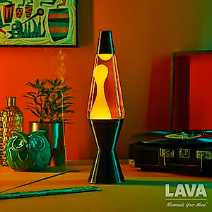 Lava® Lamp - 14.5'' Vinyl Record Grooved Base - The Original Motion Light - Yellow Wax and Orange Liquid - Item #2017