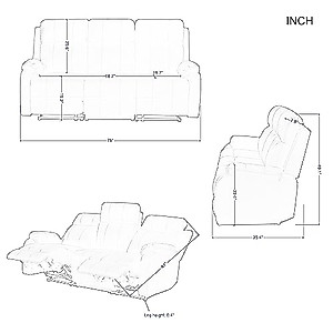 YUNLife&Home 3-Seat Velvet Upholstered Manual Wall Hugger Chair RV Sofa,Double Recliner Sectional Lounge Couch with Soft Padded Headrest&Pillow Top Armrest for Living Room/Apartment/Office/Theater