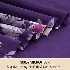 MEISHANG Queen Sheet Set - Floral Sheets Deep Pocket Ultra Soft Brushed Microfiber with Up to 16" Mattresses - Wrinkle Free - 4 Pieces(Queen,Purple Floral)