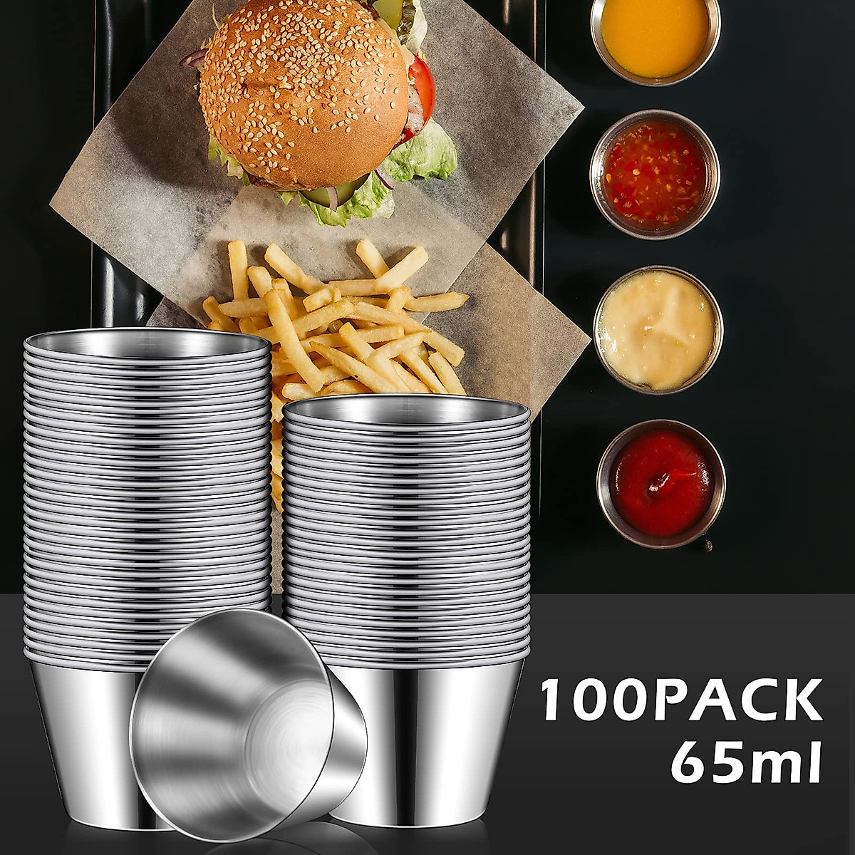 100 Pcs 2.5oz Stainless Steel Sauce Cups Dipping Cups Mental Condiment Cups Sauce Container Round Dipping Bowls Condiment Ramekins for Dish Butter Kitchen Restaurant Serving Party Dinner Cooking