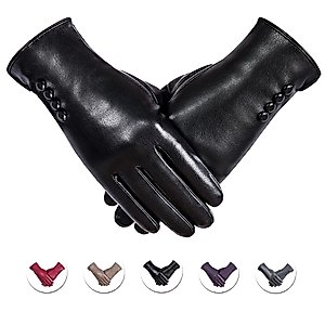 Alepo Winter PU Leather Gloves For Women, Warm Thermal Touchscreen Texting Typing Dress Driving Motorcycle Gloves With Wool Lining (Black-M)