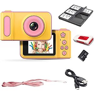 eDealz Full 1080P Kids Selfie HD Compact Digital Photo and Video Rechargeable Camera with 2" LCD Screen, Video Games and Micro USB Charging (Pink, SD Card + Reader + Card Holder)