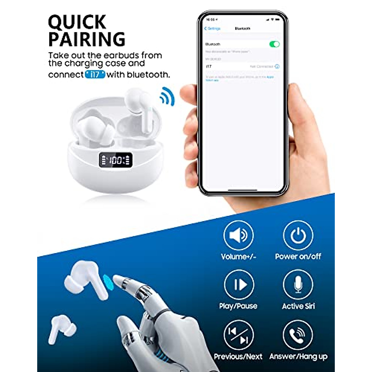 Eumspo Wireless Earbuds Bluetooth V5.1 Earbuds 35H Playtime Stereo Sound in-Ear Bluetooth Headphones Waterproof Touch Control Wireless Headphones with LED Charging Case for Sports Running Workout