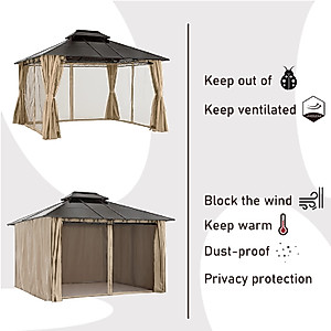 COOSHADE 10×10 Polycarbonate Roof Patio Gazebos Double Vent Waterproof Outdoor Gazebo with Curtains and Mosquito Netting (Dark Grey)