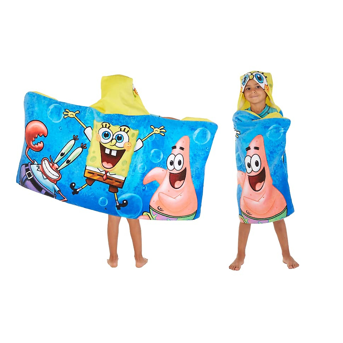 Franco Spongebob Squarepants Kids Bath/Pool/Beach Soft Cotton Terry Hooded Towel Wrap and loofah Set, 24 in x 50 in (Official Nickelodeon Product)
