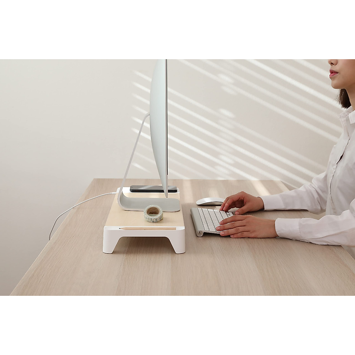 POUT E6 White Wood Desk Monitor Computer Stand Riser Shelf + Qi Fast Wireless Charging Charger Pad Mat for Laptop, Apple, iMac, PC, iPhone, Samsung Galaxy, Airpod 2, Buds