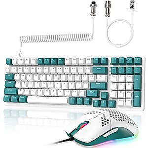 K3-95% Wired Gaming Keyboard and ultra-light honeycomb mouse with Coiled Usb C Cable，Clicky Blue Switch LIGHTSYNC RGB Chroma Backlit TKL 98 key 4 in 1 Gaming Bundle Retro Metal Panel for PC/Mac