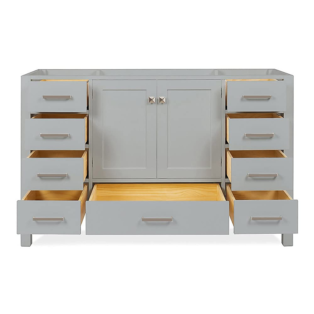 ARIEL 54" Grey Bathroom Vanity Base Cabinet, Single Sink Configuration, 2 Soft Closing Doors, 9 Full Extension Dovetail Drawers, Brushed Nickel