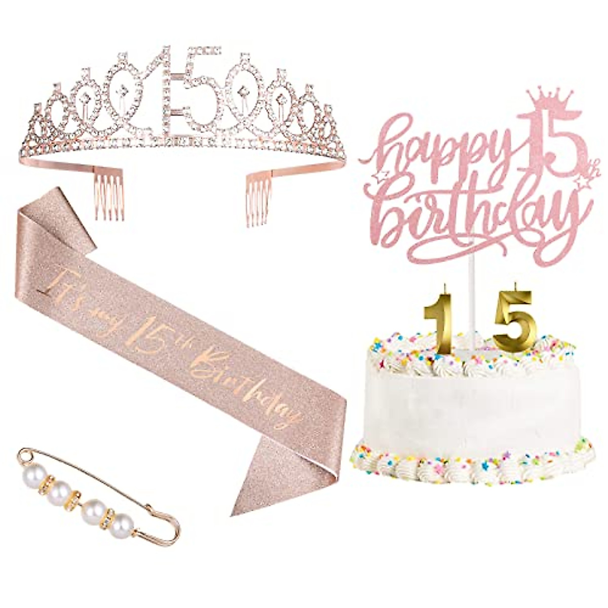 15th Birthday Decorations for Girls，Rose Gold 15 Birthday Crown Tiara ，Cake Topper, Birthday Sash with Peal Pin and Birthday Candles Kit,15th Birthday Gifts for Girls