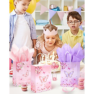 LWBDD 16 Pcs Butterfly Party Favors Gift Bags Goodie Bags, Pink Purple Treat Candy Bags; small size Paper Bags with Handles & Tissue Paper for Girls Butterfly Birthday Party Supplies Baby Shower