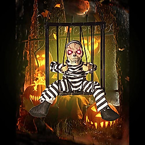 BINDUO Scary Halloween Decoration Outdoor Skull Decor with Motion Sensor Hanging Skulls Prisoner Cage Light Up Eyes Talking Spooky Spirit Halloween Animatronic Home Decor