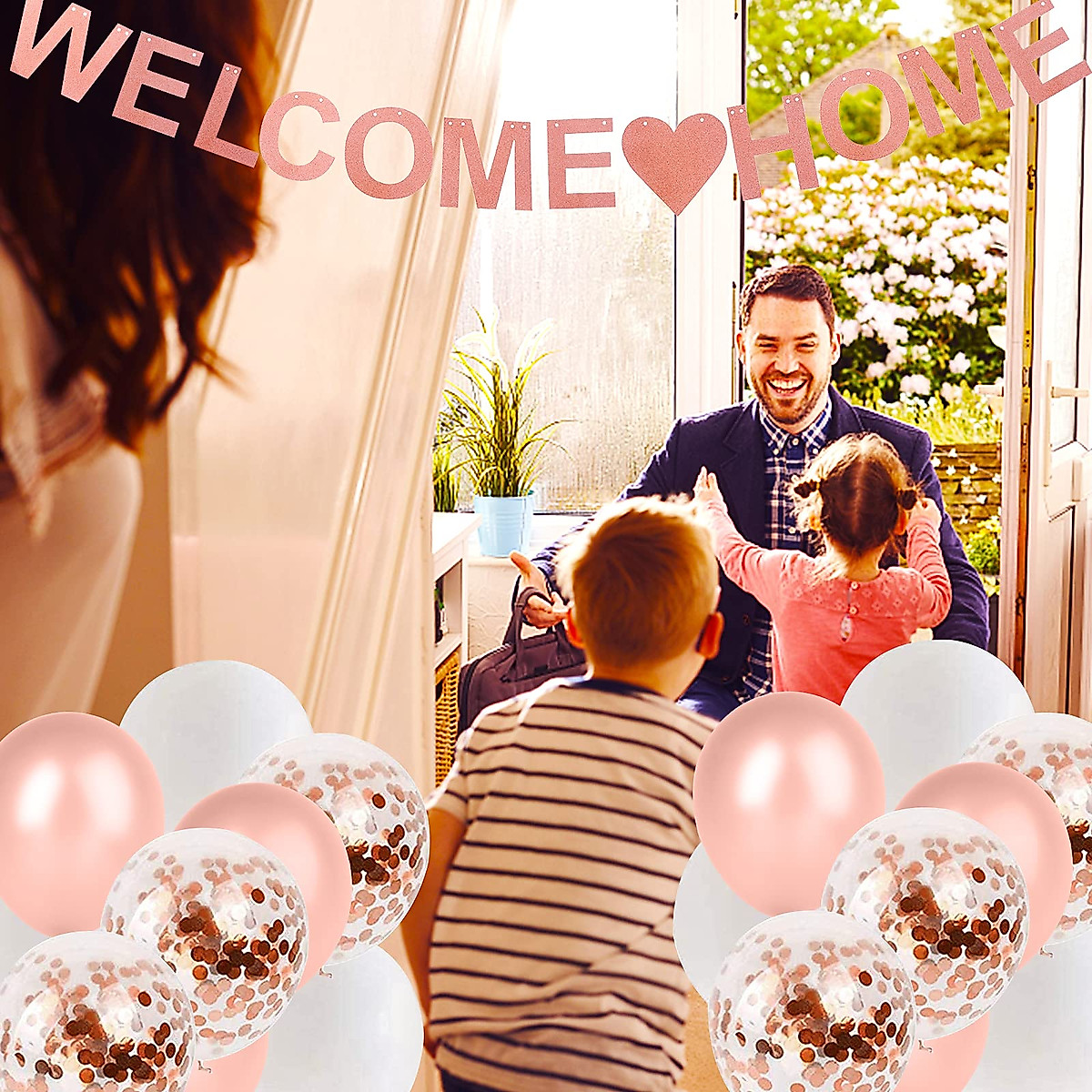 TBoxBo 15 Pcs Welcome Home Banner Rose Gold Glitter Welcome Back Balloon Banner Decorations Kit Welcome Home Decorations for Welcome Home Party Decorations, Welcome Home Sign