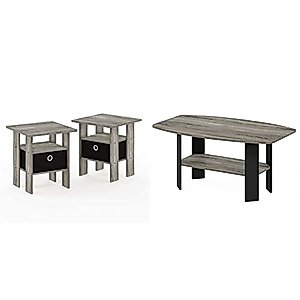 Furinno Andrey Set of 2 End Table/Side Table/Night Stand/Bedside Table with Bin Drawer, French Oak Grey & Simple Design Coffee Table, French Oak Grey/Black