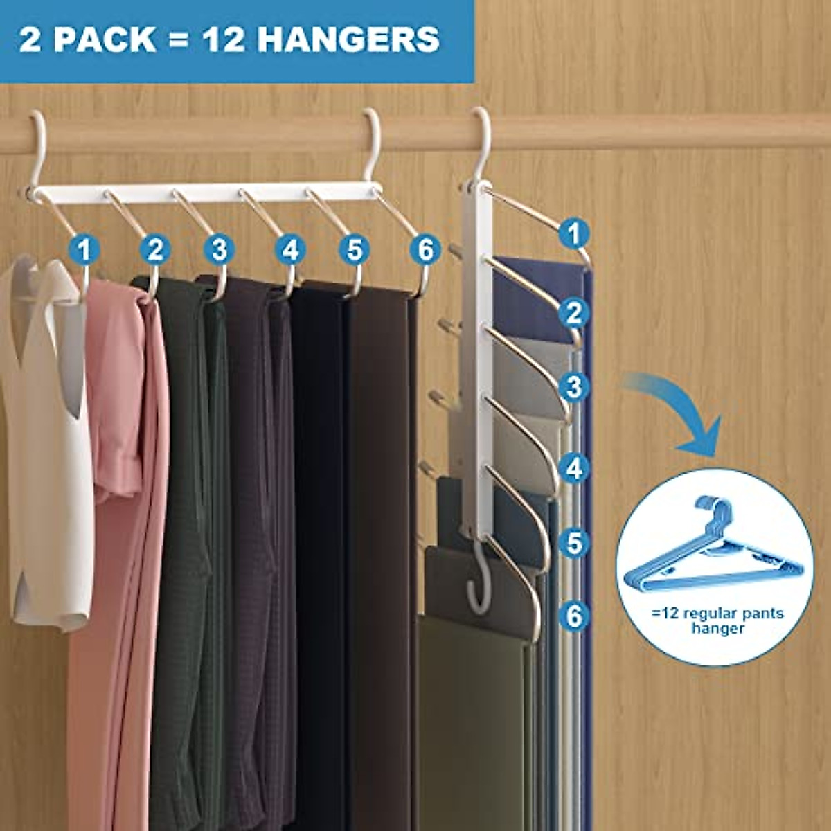Magic Pants Hangers Space Saving - 6 Tier Multi-Functional Rack for Hanging Pants, Jeans, Scarf, Trouser, Clothes. No Slip Folding Hangers for Closet Organizer - for Men and Women, 2 Pack