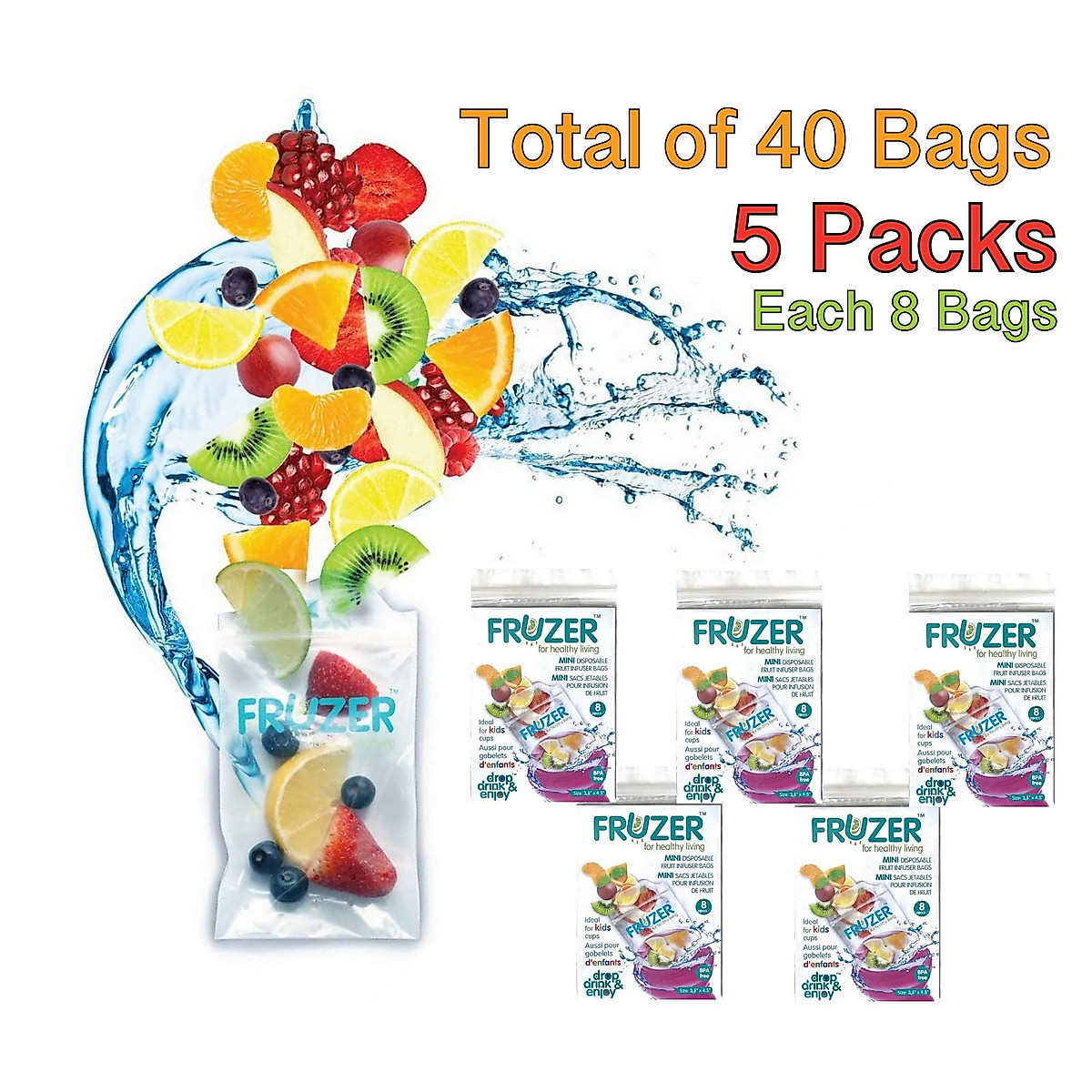 FRUZER Mini Disposable Fruit Infuser Bags (5 PK, each 8 Bags) Total 40 Bags - Refreshing & Beneficial - CLEAR & BPA-FREE