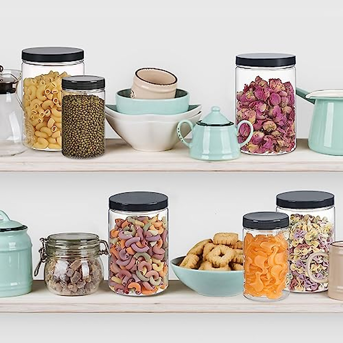 OUSHINAN 24 Pack Clear Plastic Jars - 32oz & 16oz Plastic Containers with Black Screw-0n Llids Reusable Storage Jars ldeal for Kitchen and Household Organization (lncludes 24 Labels and 1 Pen)