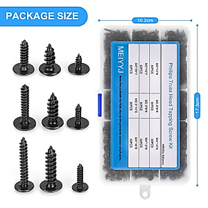 MEIYYJ 540pcs M2.3 M2.6 M3 Phillips Truss Head Tapping Screw Wafer Head with Washer, Self Tapping Screw Assortment Kit, Black Carbon Steel.