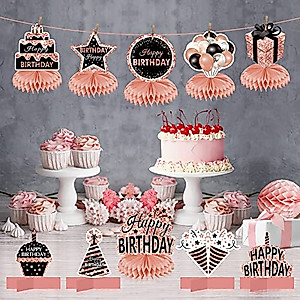 10Pcs Rose Gold Birthday Decorations Honeycomb Centerpieces for Girls Women, Rose Gold Black Happy Birthday Table Centerpieces Party Supplies,16th 18th 21st 30th 40th 50th 60th Bday Table Topper Decor