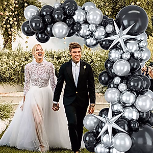 Black Silver Balloons Garland Kit, Black Silver Balloons Arch Kit With Black and Metallic Silver Latex Balloons, Black Silver Balloons Arch for Birthday Wedding Anniversary Party Supplies