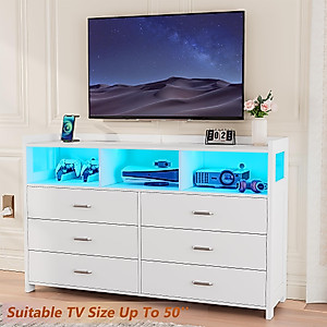 Alohappy 6 Drawer Dresser for Bedroom, LED Dresser Chest of Drawers with Power Outlets, Modern White Dresser for Bedroom, Living Room, Entryway, Hallway