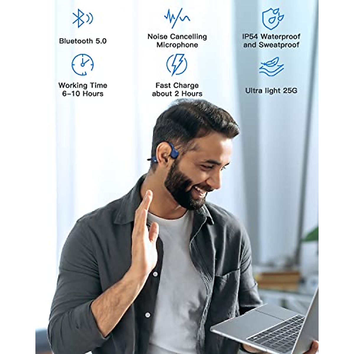 Bone Conduction Headphones Bluetooth,Open Ear Headphone with Mic,Wireless Waterproof Sweatproof Sports Headset Conducting Earbuds Induction Earphones for Running,Cycling,Walking,Workout,Gym (Blue)