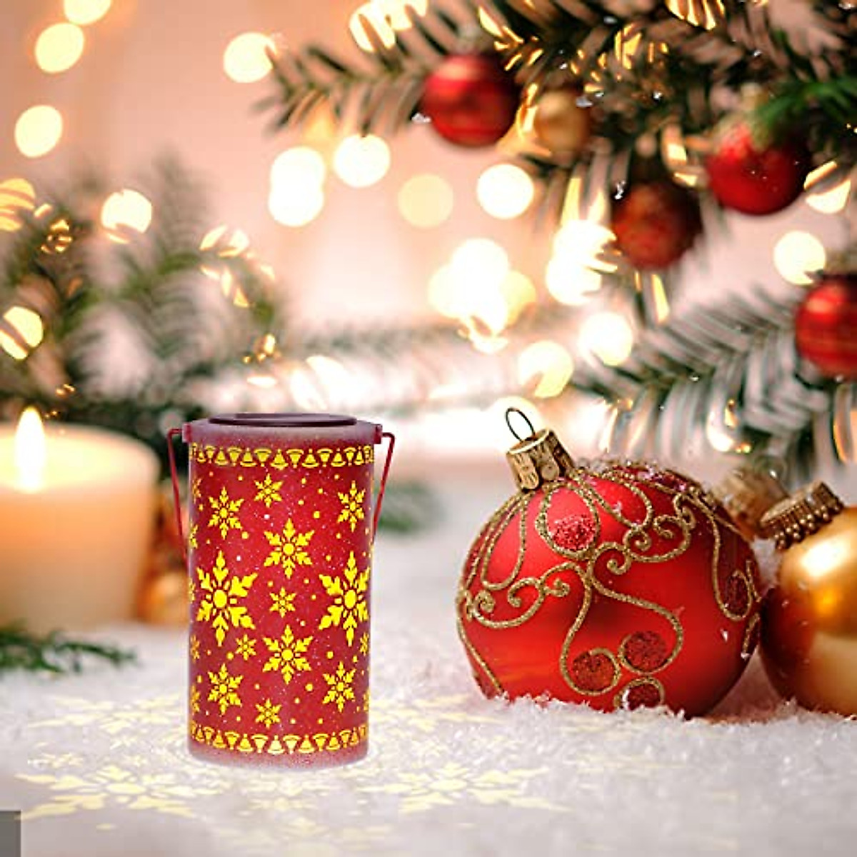 1 Pack Solar Christmas Lantern Red Christmas Lantern Snow Globe Christmas Lights Battery Operated Lantern Hanging Christmas Gift Christmas Decorations for Table, Garden, Patio, Yard