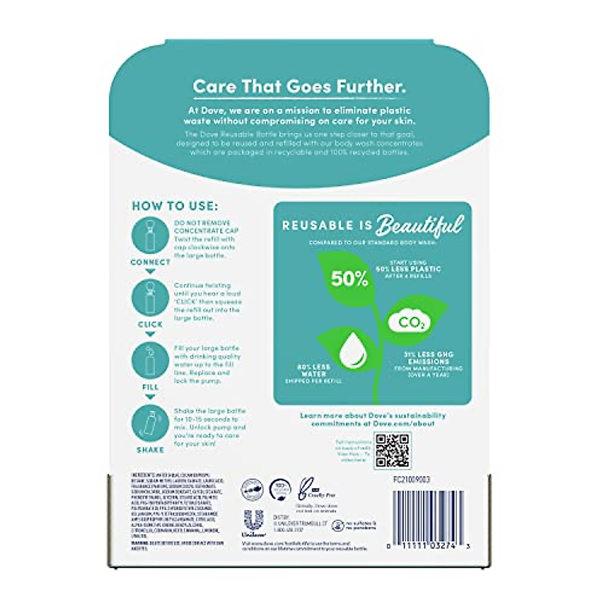 Dove Concentrate Refill and 100 percent Recycled Reusable Bottle for Instantly Soft Skin Daily Moisture Starter Kit for Lasting Nourishment Body Care 4 Fl oz (makes 16 Fl oz)