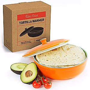 Uno Casa Ceramic Tortilla Warmer container Tortilla Holder - 8.6 Inch Microwaveable and Oven Safe Tortilla Keeper, Handy Pancake Warmer with Tight Lid for Fresh Tortillas, Two-Color Taco Warmer