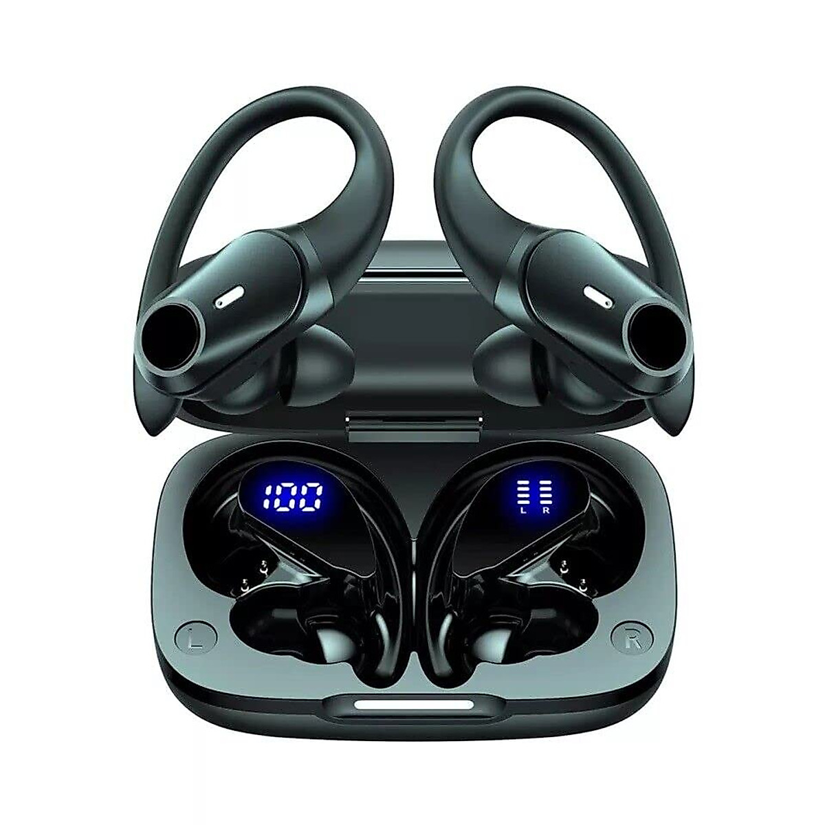 SGNICS for Wiko Voix Wireless Earbuds Headphones with Charging Case & Dual Power Display Over-Ear Waterproof Earphones with Earhook Headset with Mic for Sport Running Workout Black