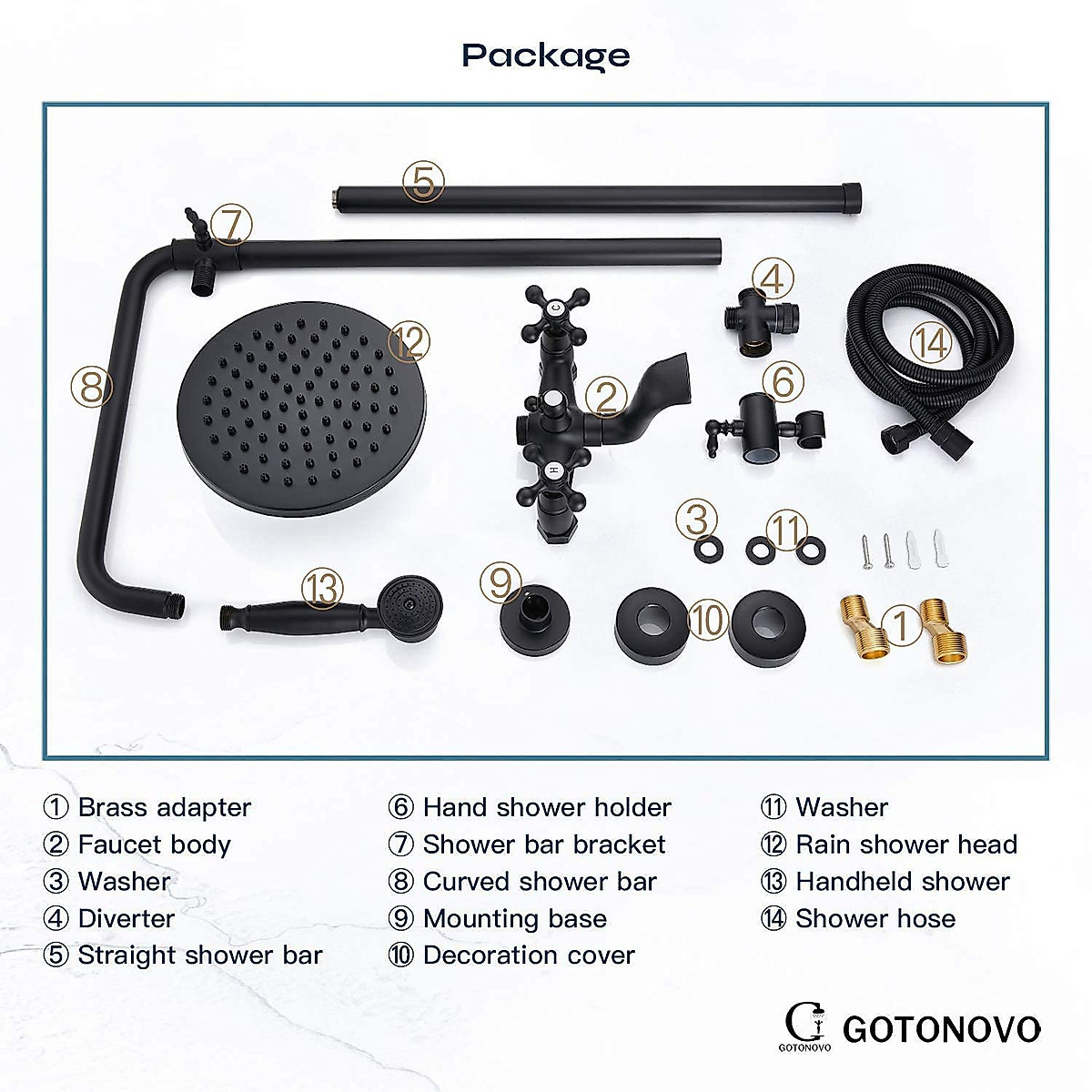 Matte Black Wall Mounted Bathroom Rainfall Shower Faucet System Set Mixer 8’’ Round Head 2 Cross Handles Bathtub Hand Spray Kitchen Faucet 8’’ Center 9’’ Spout Reach 2 Cross Handle Kitchen Sink Faucet