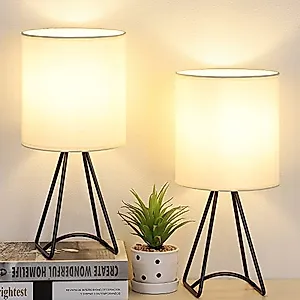 FOLKSMATE Bedside Table Lamps Set of 2, Black Metal Table Lamp for Bedroom, Modern Lamp for Nightstand, Simple Side Lamp with Linen Fabric Lampshade for Kids, Bedrooms, Living Room (Bulb not Included)