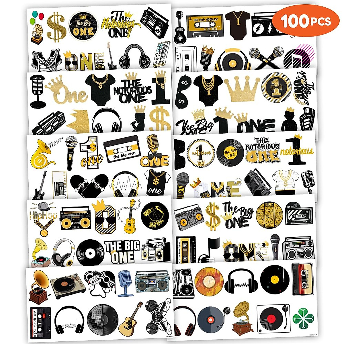 Notorious One Temporary Tattoos Big One Party Decorations Favors Supplies Hip hop Themed Cute Stickers 10 Sheets 100 PCS Gifts for Baby Girls Boys Class School Carnival