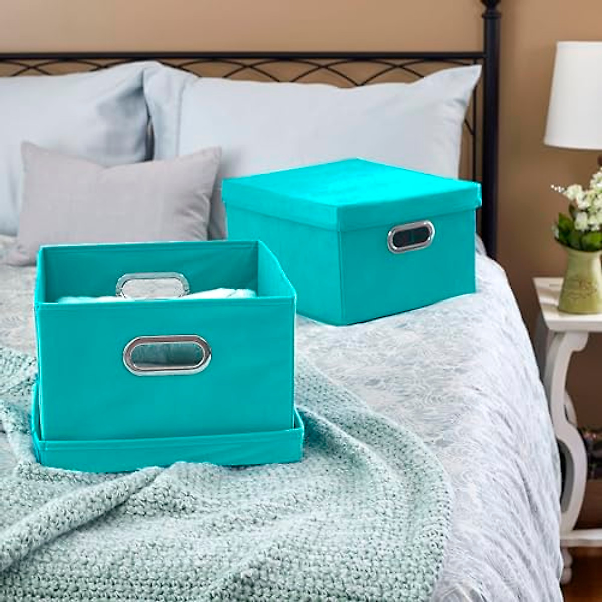 Household Essentials Fabric Storage Boxes with Lids and Handles, Aqua