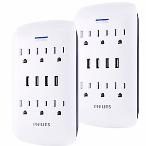 Philips 6-Outlet Extender with 4-USB Port Surge Protector, 2 Pack, Charging Station, 900 Joules, Grounded Power Adapter, Indicator Light, 3-Prong, 4.2 AMP/21 Watt, ETL Listed, White, SPP6469WG/37