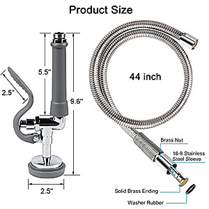 KANONEY Commercial Sink Sprayer with 45" Flexible Stainless Steel Hose, Pre-Rinse Dish Spray Valve Replacement Kit Assembly Sprayer Nozzle Head for Industrial Restaurant Kitchen Faucets, Gray