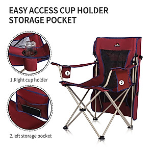 Camping Brothers Camping Chair with Shade Canopy - Outdoor Folding Patio Chair - Includes Retractable Sun Shade, Cup Holder, Side Pockets (Maroon)