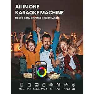 Karaoke Machine with Two Wireless Microphones, Portable Karaoke Machine for Adults & Kids, Portable Bluetooth Speaker with PA System, LED Lights, Supports TF Card/USB, AUX in, FM, USB,TWS (Black)…