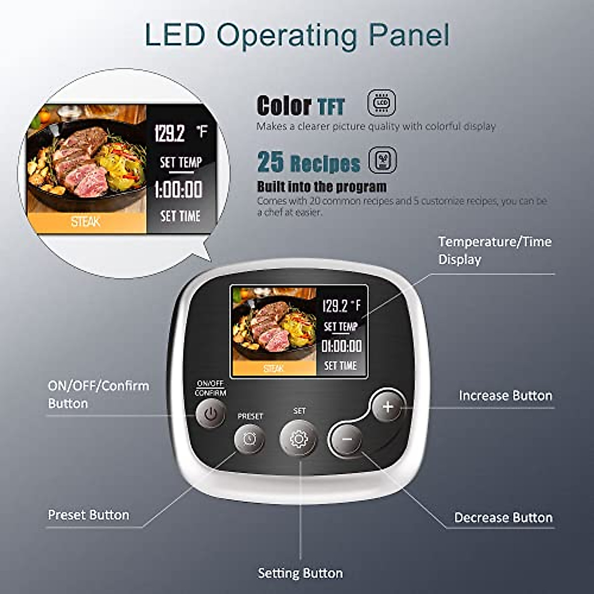 KitchenBoss Sous Vide Cooker Machine: Ultra Quiet 1100 Watts Accurate Cooker with Color LCD Recipes IPX7 Waterproof Immersion Circulator Cooking Machine Include Cookbook, Carbon Fiber Pattern