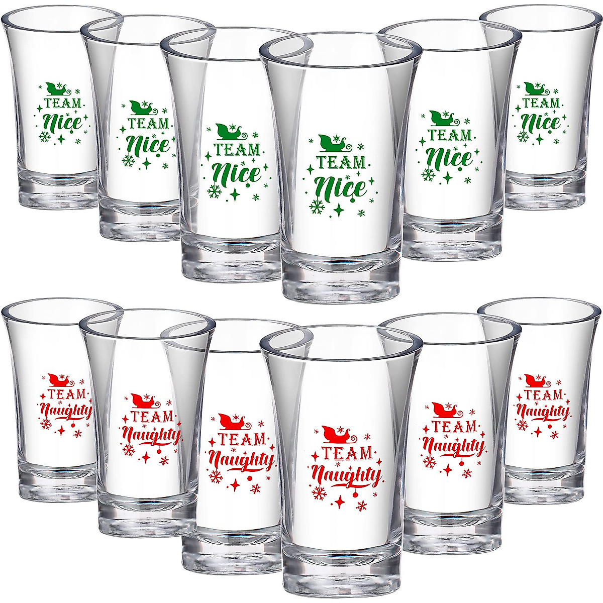 Set of 12 Christmas Shot Glasses 1.2 oz Holiday Cocktail Glasses Acrylic Christmas Shot Cups Green Red Team Naughty Team Nice Cups Novelty Acrylic Stemless Wineglass Party Shot Cups for Drinking Gift